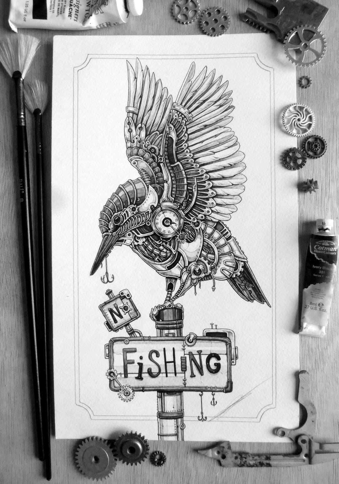 Steampunk Mechanical Kingfisher Bird Watercolour Painting Illustration ...
