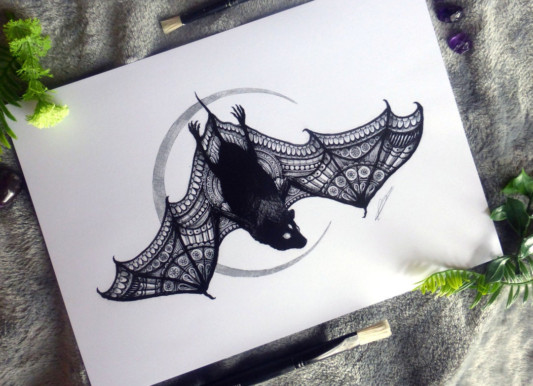 Zentangle Bat Black and White Art Digital Print, Detailed Ink Pen ...