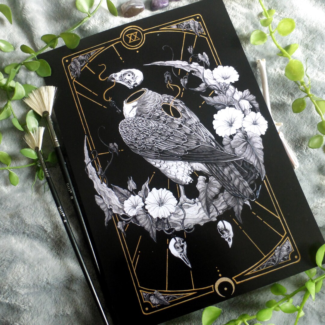 Peregrine Falcon Bird Tarot Card Inspired Art Print, Floral Bindweed ...
