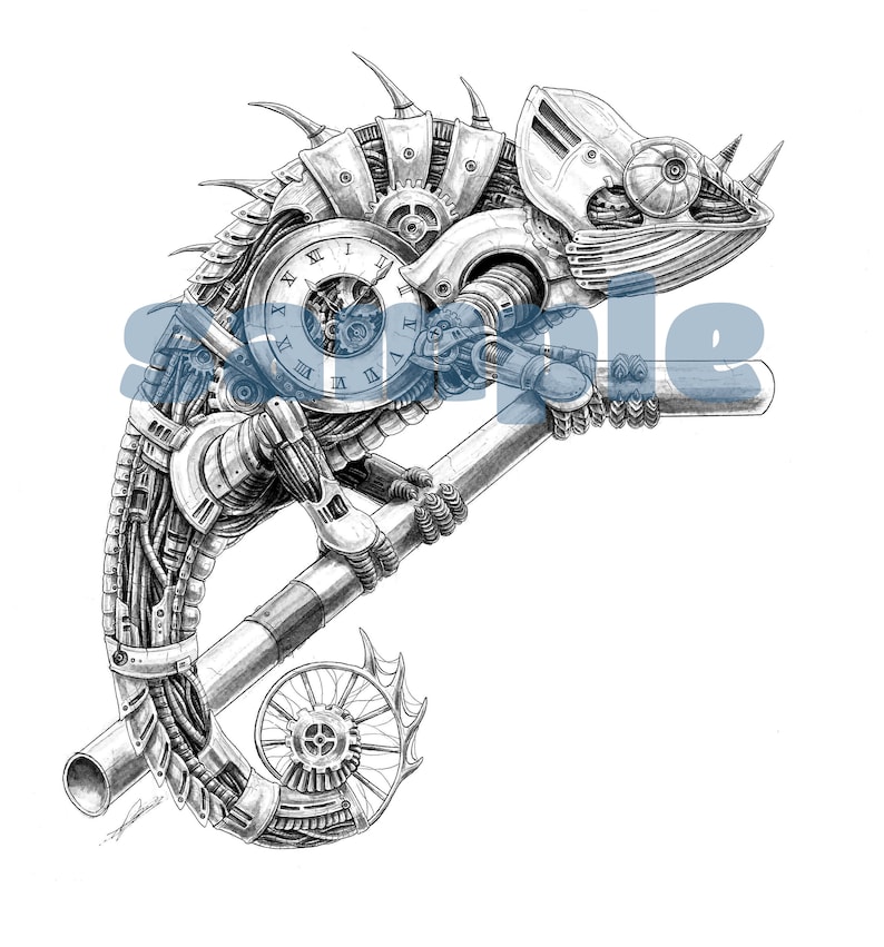 Steampunk Mechanical Chameleon Illustration Art Digital Print | Etsy