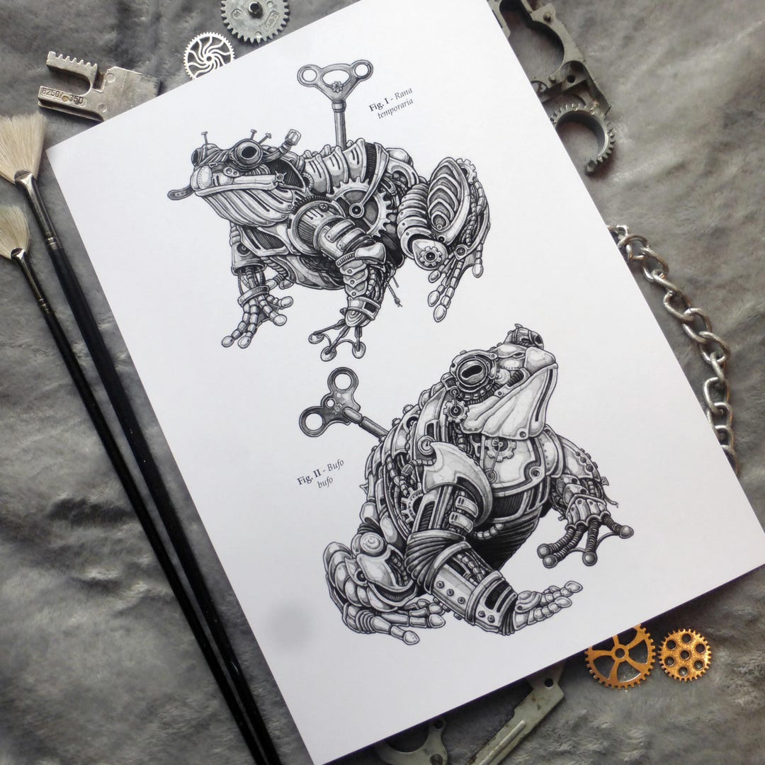 Steampunk Mechanical Frog Toad Design Watercolour Illustration Art ...