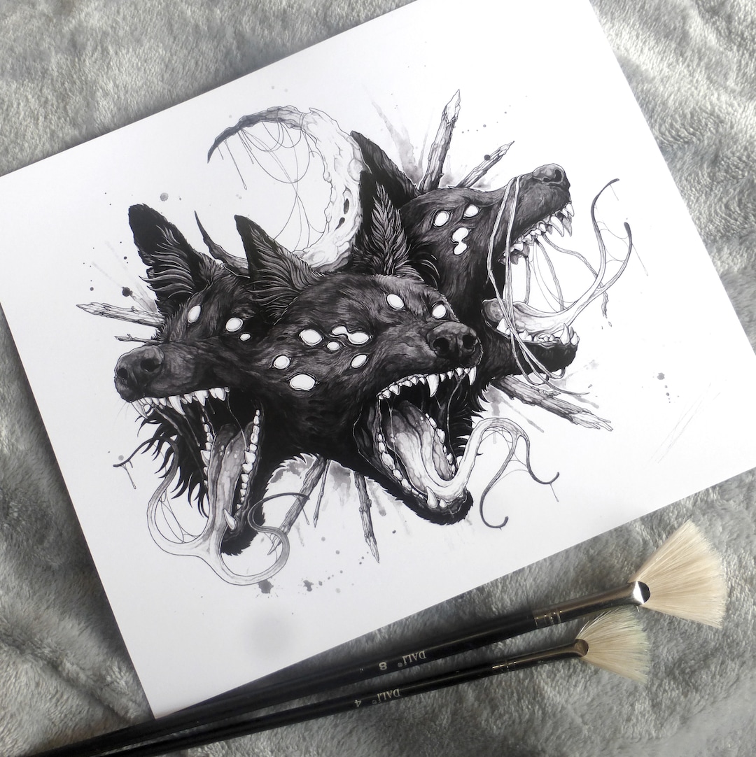 Hellhound Cerberus Spooky Horror Art Print, Watercolour Painting Artist ...