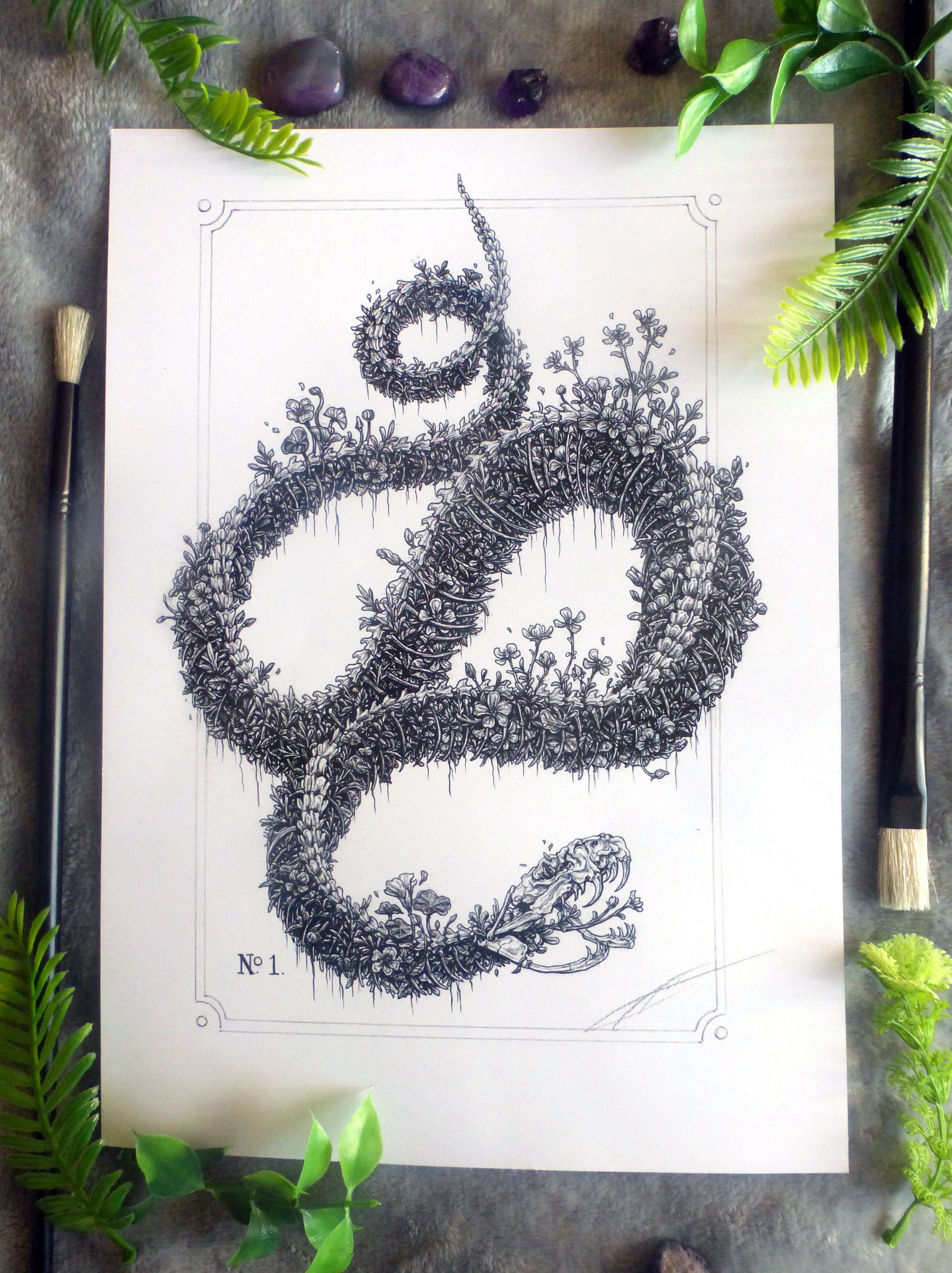Snake Skeleton Illustration Art Digital Print Overgrown - Etsy