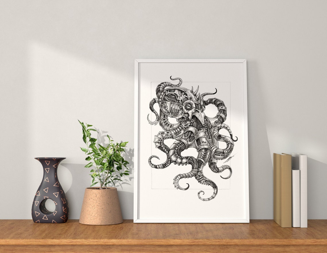 Octopus Steampunk Illustration Painting Digital Art Print, Mechanical ...