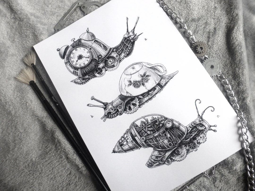 Steampunk Mechanical Quirky Snails Tattoo Flash Scientific Illustration ...