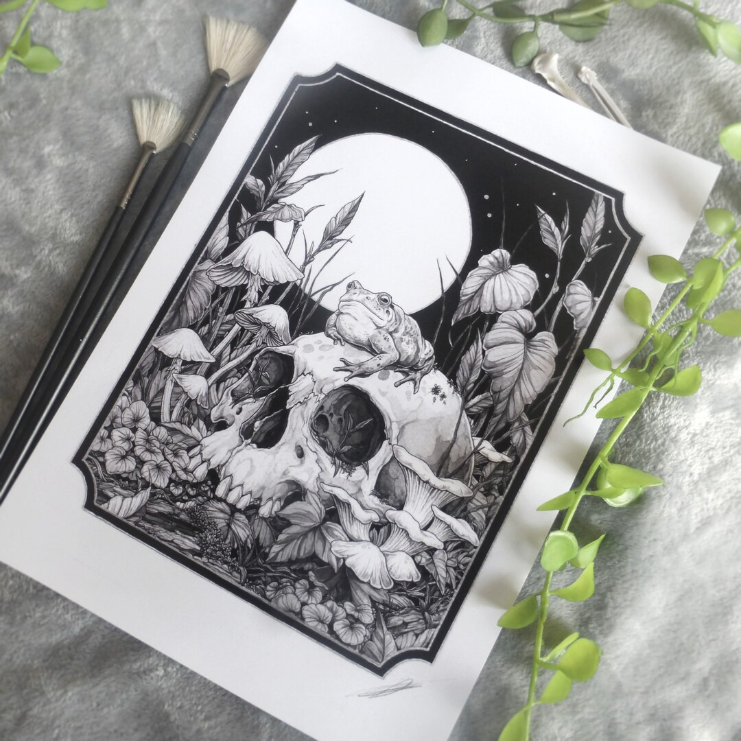 Frog Toad Skull Nature Swamp Art Print, Watercolour Painting Art ...