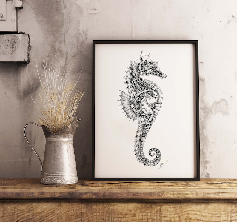 Steampunk Mechanical Seahorse Artwork Digital Print, Steampunk Artwork ...