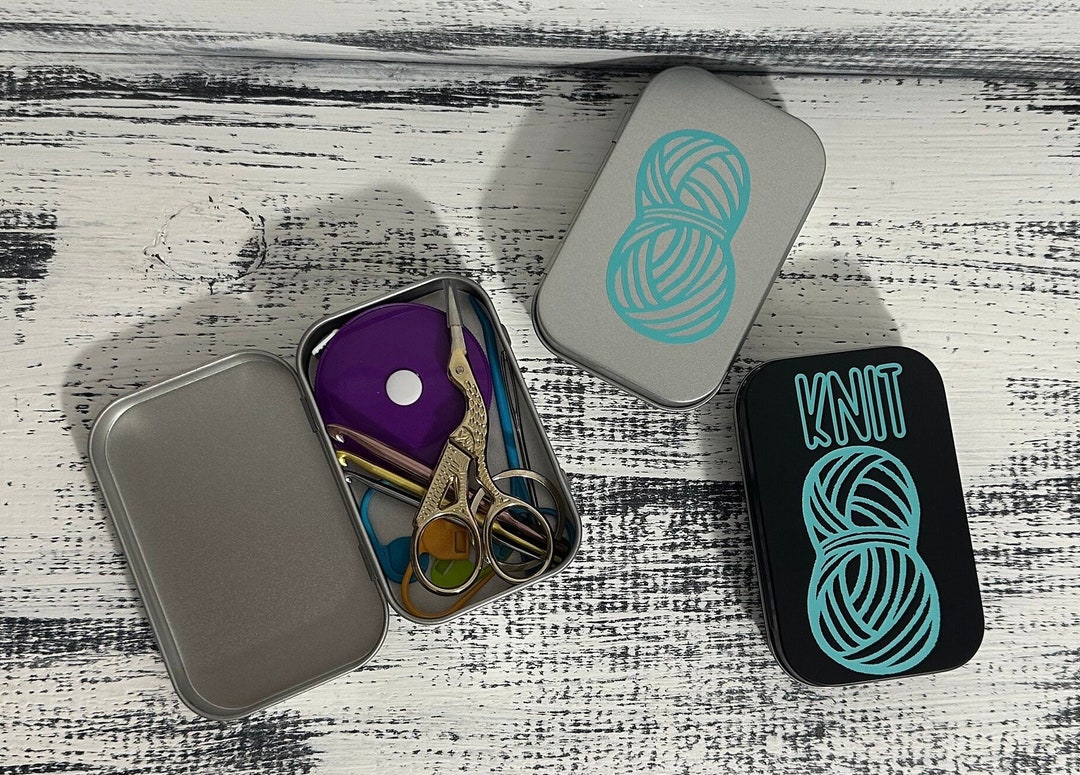 Notions Tin With Hinged Lid and Custom Vinyl, Crochet Tin, Knit Tin ...