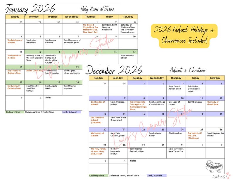 2026 Printable Monthly Catholic Calendar, Liturgical Catholic Calendar ...