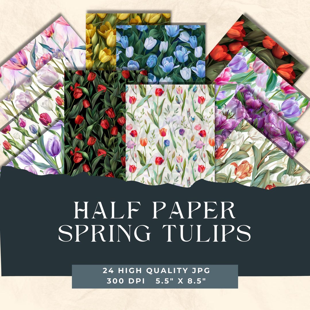 Spring Tulip Half Paper, Floral Digital Paper, Printable Digital Paper ...