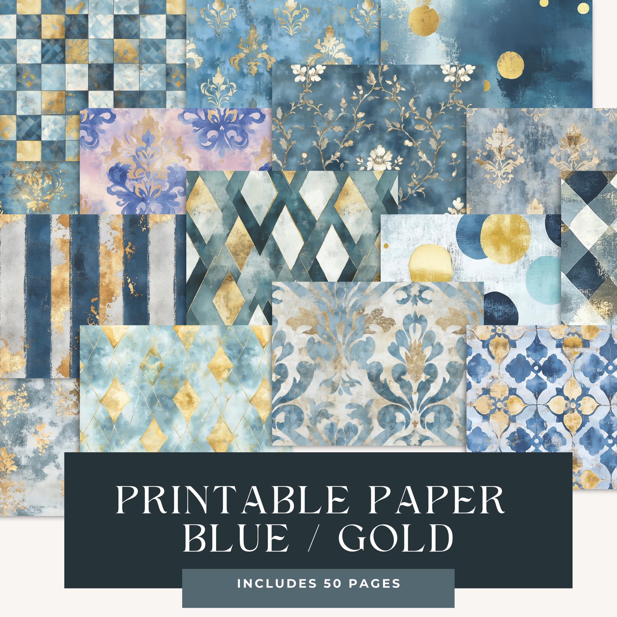 Chic Blue Paper Pack | 50 Sheets | Damask, Stripes, Dots & Distressed ...