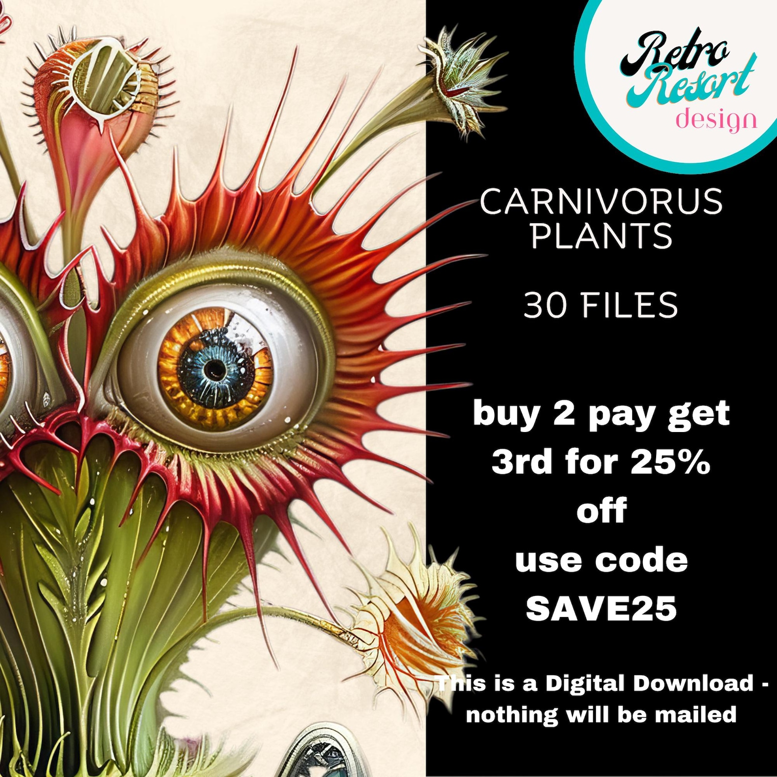 Carnivorus Plants, Venus Flytrap, Gothic Whimsy, Cartoon Clipart Bundle ...