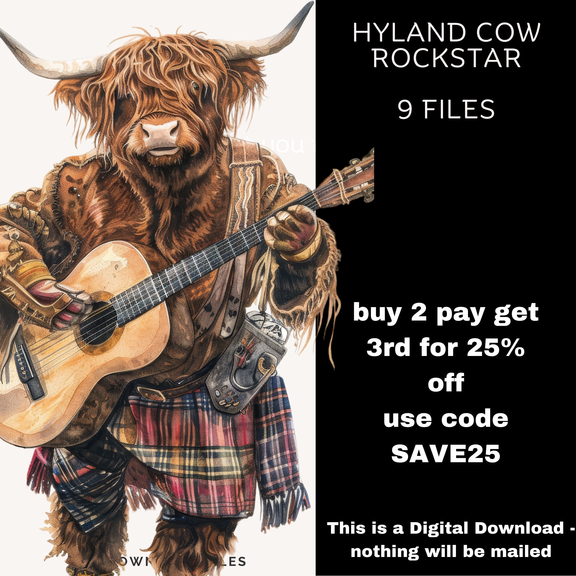 Highland Cow Rockstar Clipart Highland Cow Png Rockstar Watercolor Cute ...