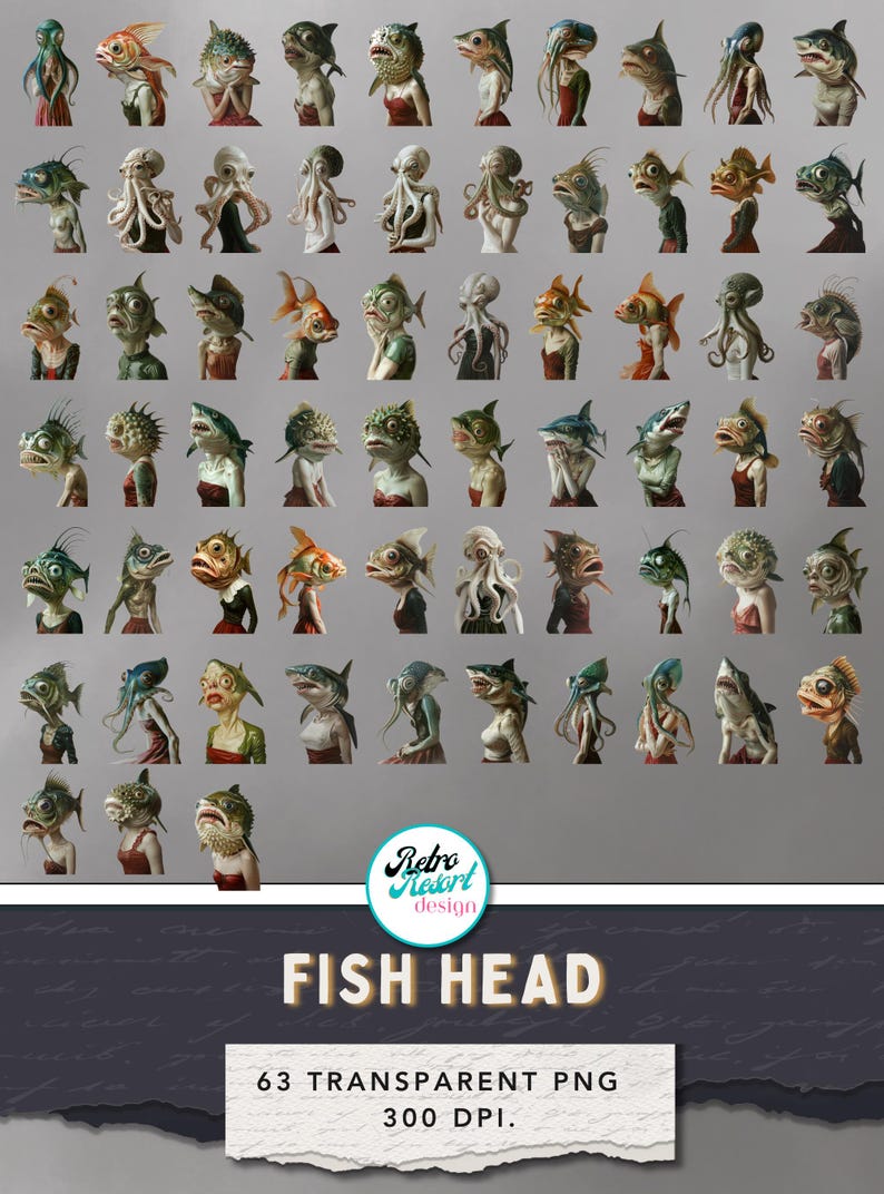 Surreal Fish Head Clipart: 63 Transparent Pngs, Gothic Collage Graphics ...