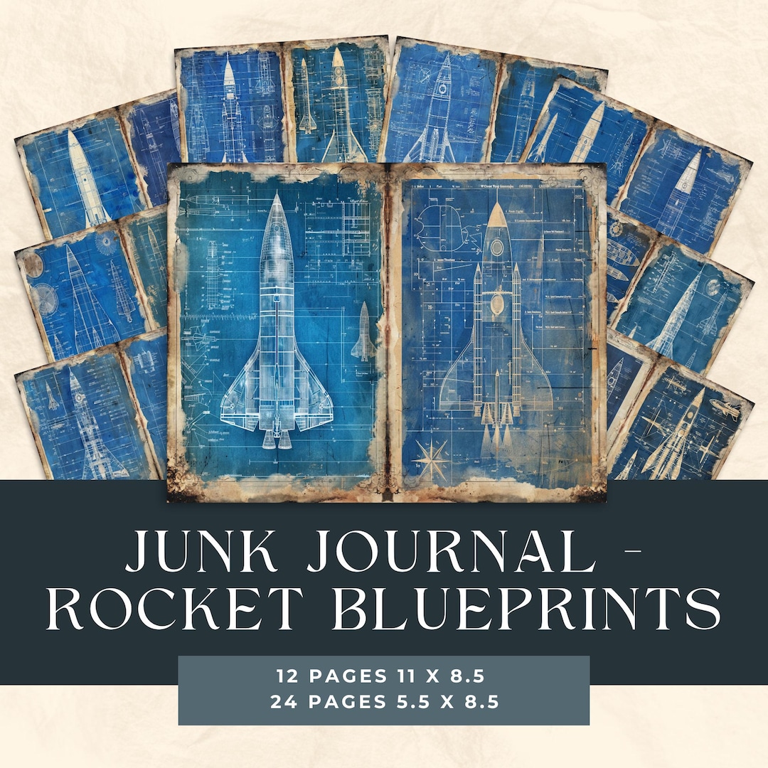 Vintage Space Age Rocket Blueprints, Digital Junk Journal Pages, 24 ...
