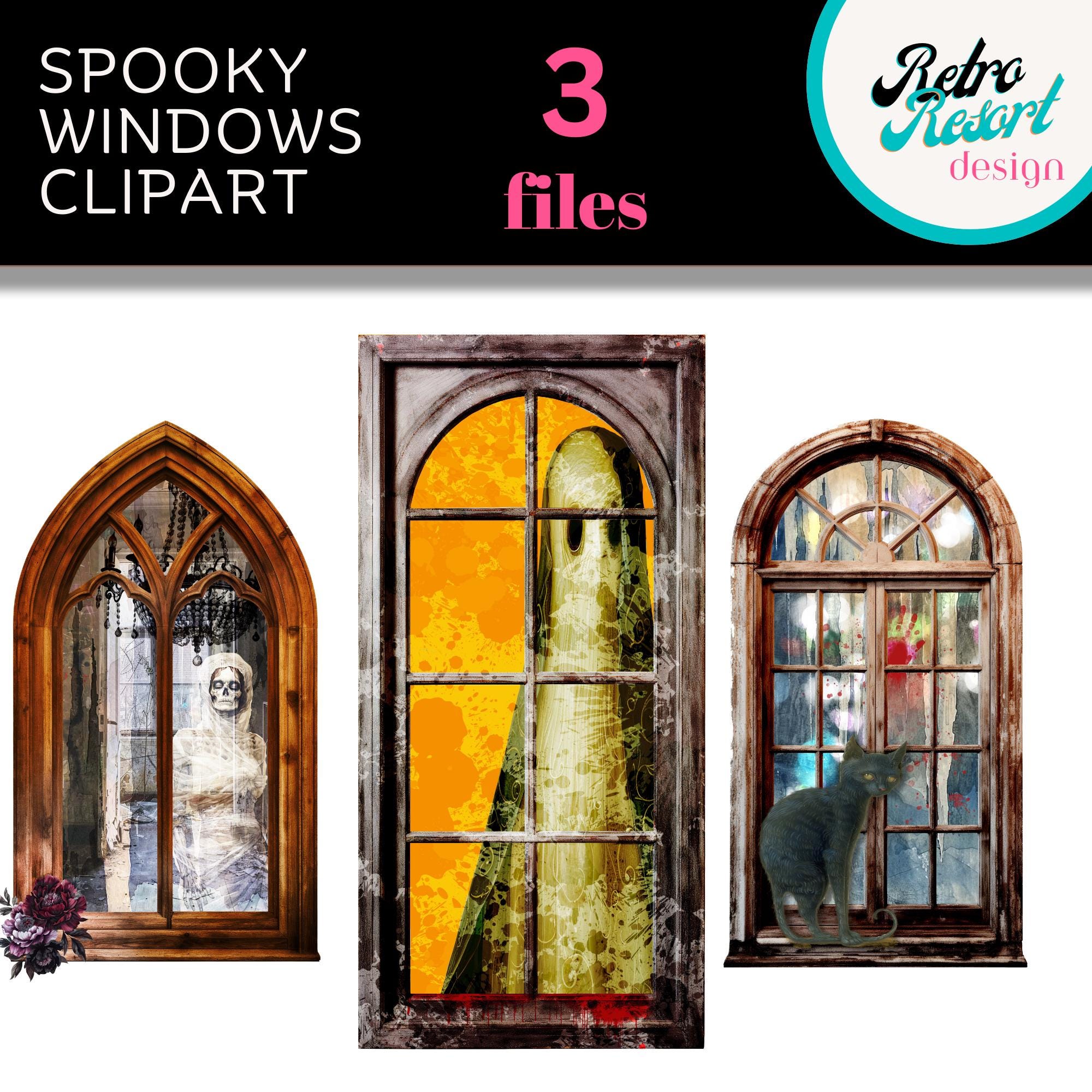 Spooky Halloween Clipart Scary Window Scene Ghosts in Windows Halloween ...
