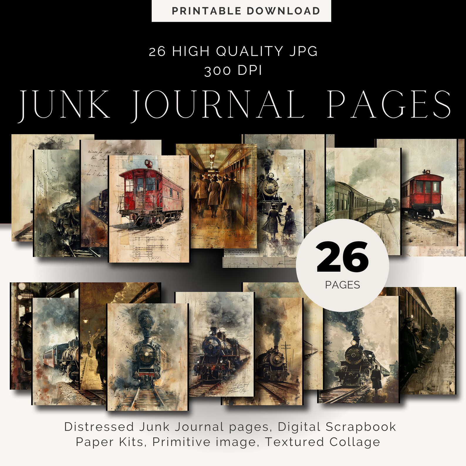 Vintage Train Junk Journal Pages Digital Scrapbook Paper Locomotive ...