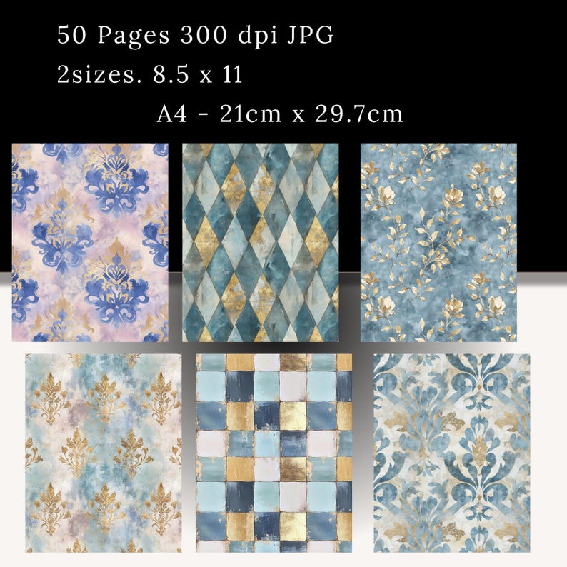 Chic Blue Paper Pack | 50 Sheets | Damask, Stripes, Dots & Distressed ...