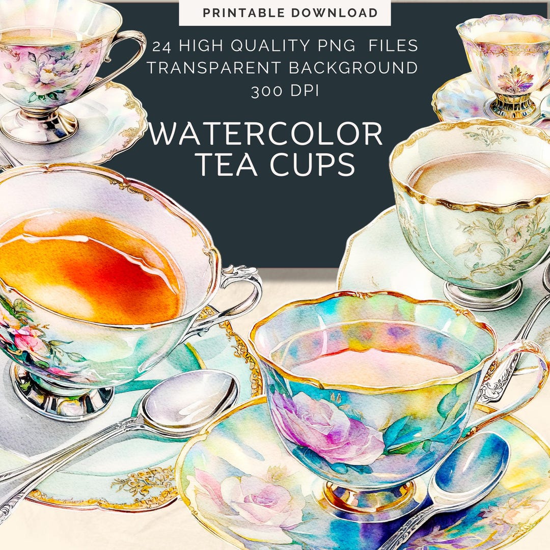 Watercolor Tea Cups Clipart, Vintage Watercolor, Digital Download for ...