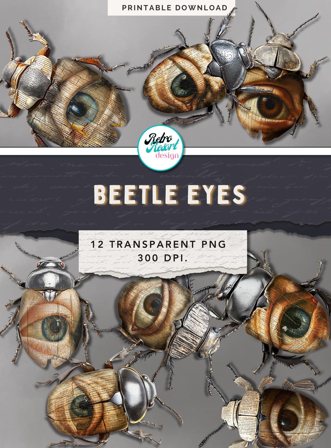 Whimsy Goth Oddities Beetle Clipart: 12 Transparent Pngs, 9 Page Pdf, 3 ...