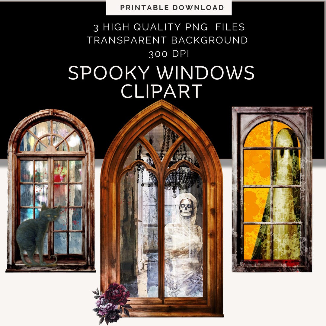 Spooky Halloween Clipart | Scary Window Scene | Ghosts in Windows ...