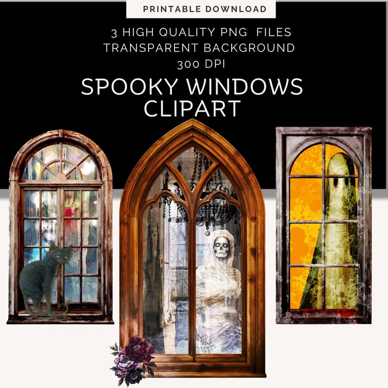 Spooky Halloween Clipart Scary Window Scene Ghosts in Windows Halloween ...