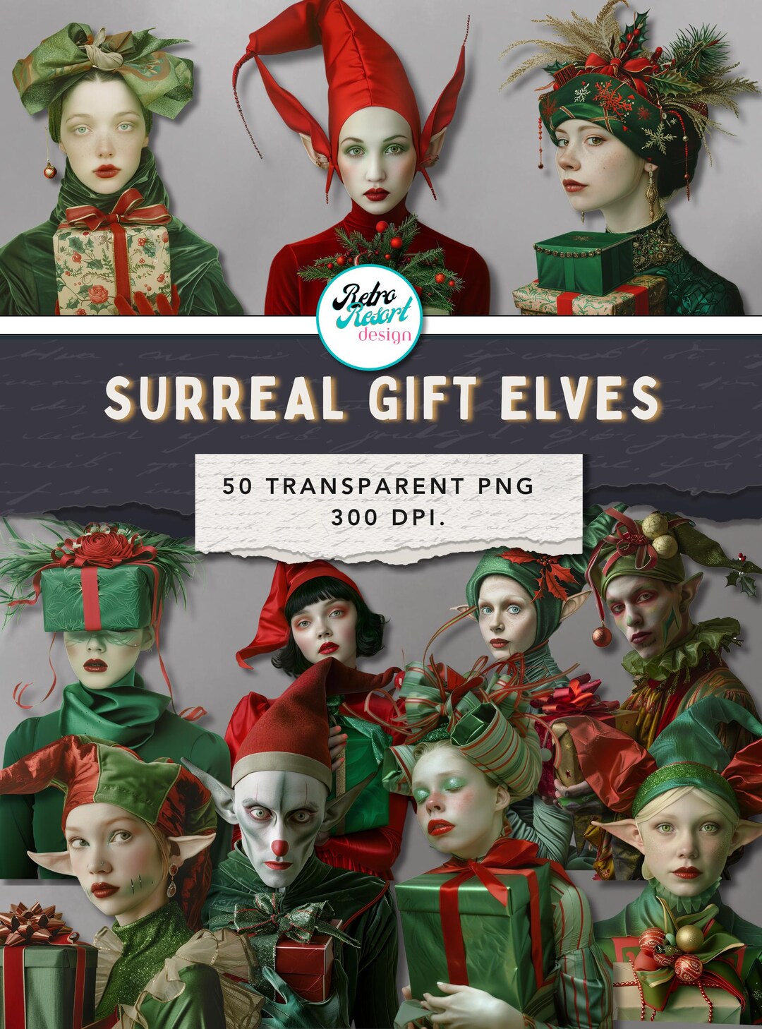Surreal Gift Elves Clipart: Vintage Holiday Pngs (digital Download) - Etsy
