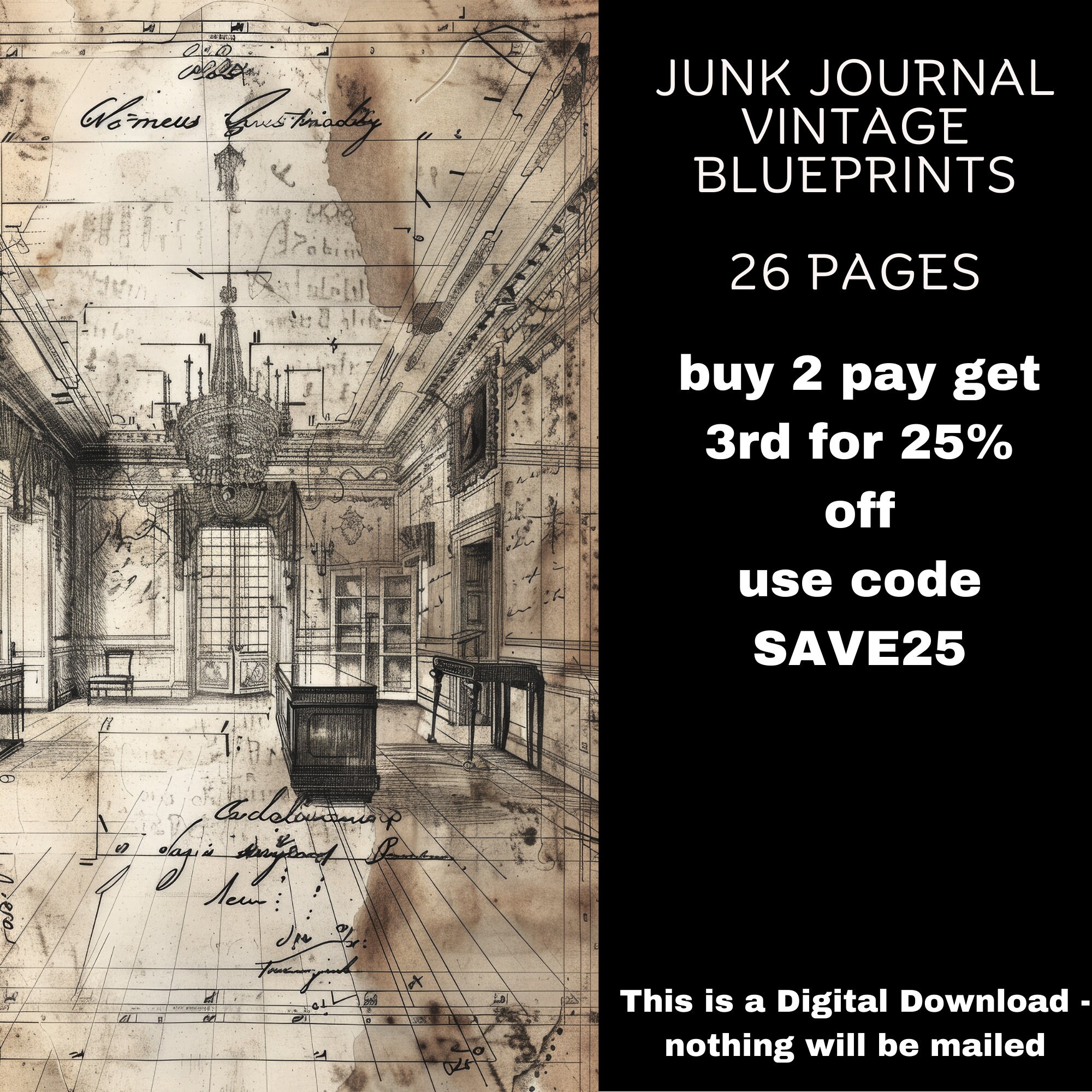 Vintage Blueprint Junk Journal Pages Digital Scrapbook Paper Kit ...