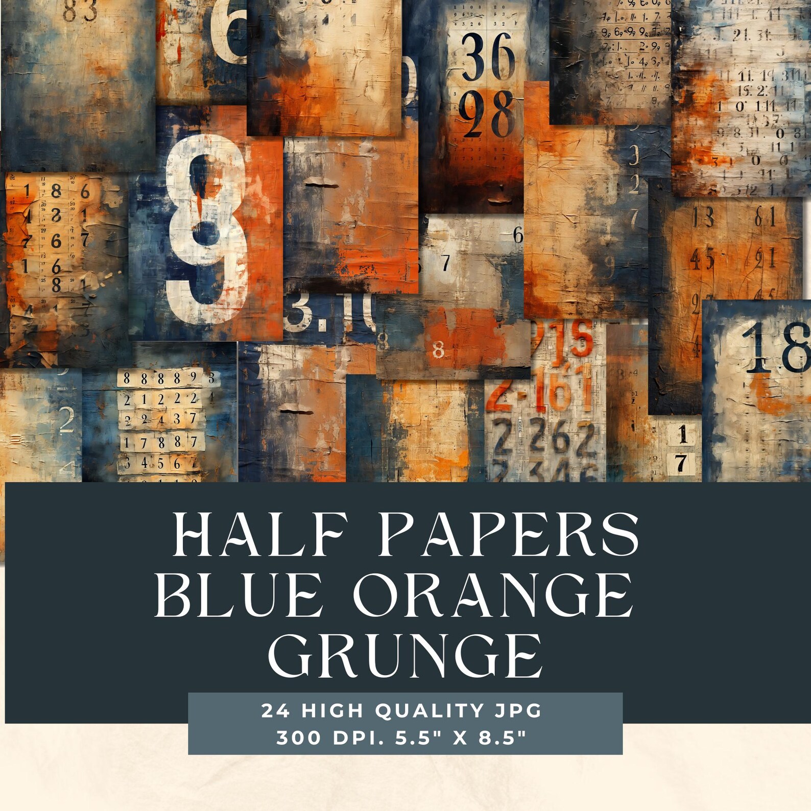 Half Paper Blue Orange Grunge, Digital Papers, Background Distressed ...