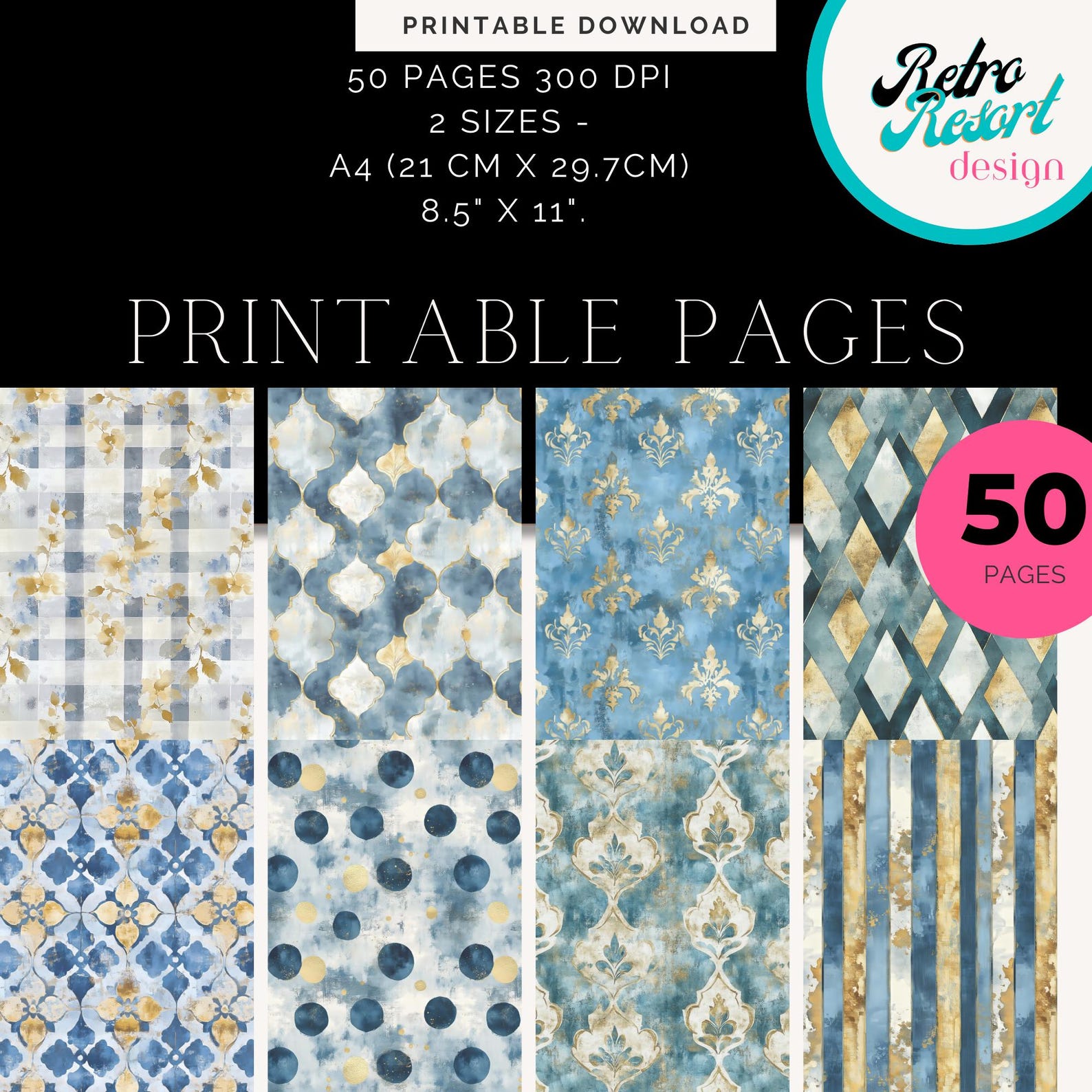 Chic Blue Paper Pack | 50 Sheets | Damask, Stripes, Dots & Distressed ...