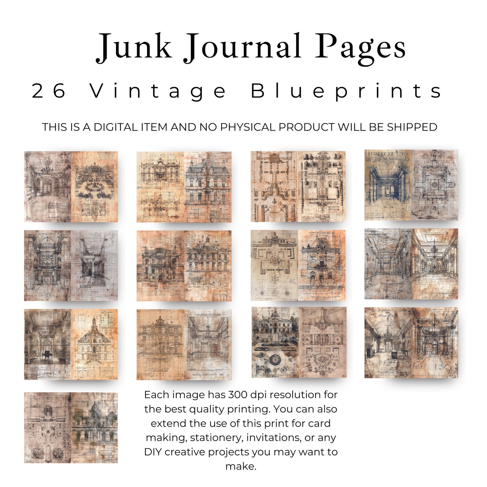 Vintage Blueprint Junk Journal Pages Digital Scrapbook Paper Kit ...