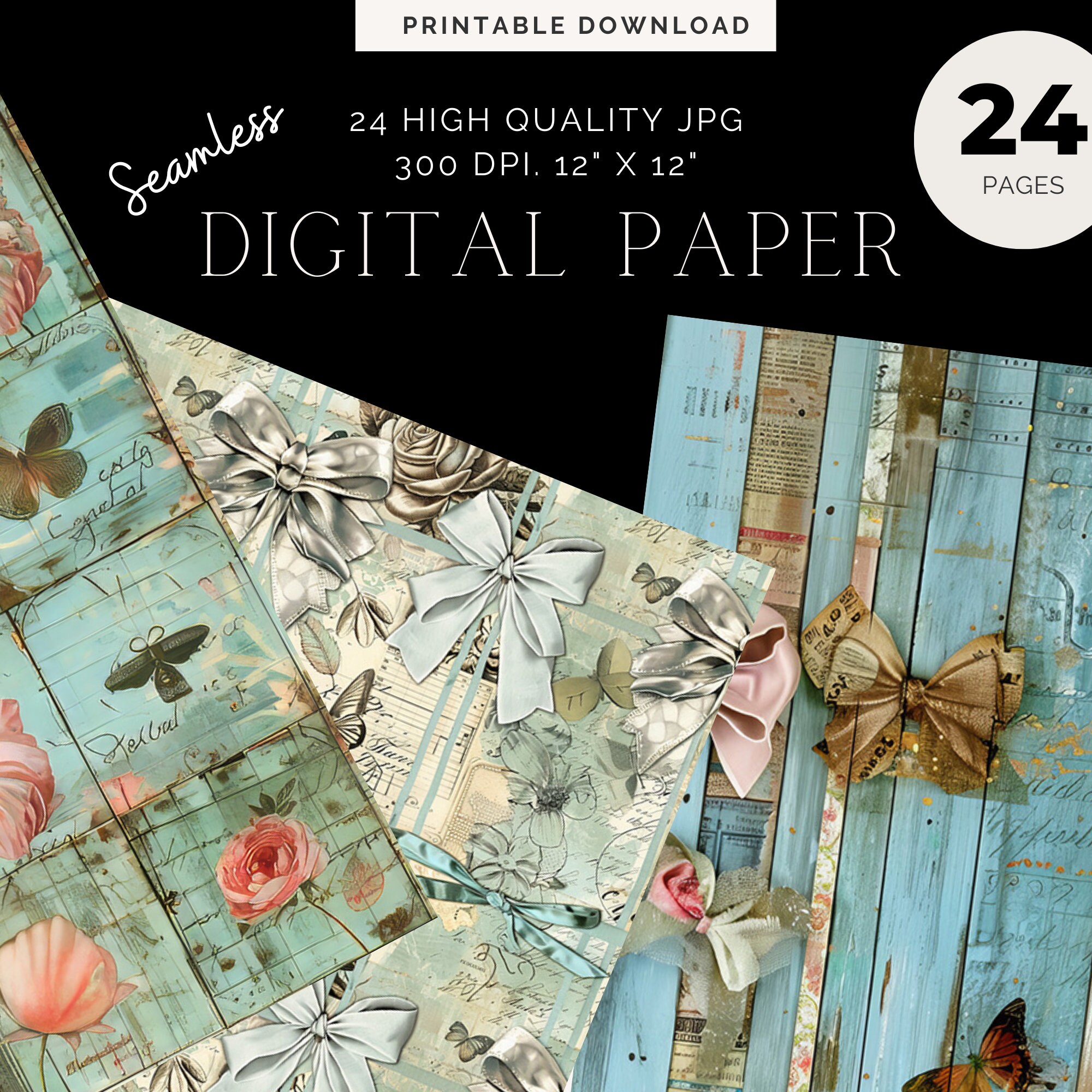 Coquette Blue Digital Paper Seamless Shabby Chic Printable Paper Junk ...