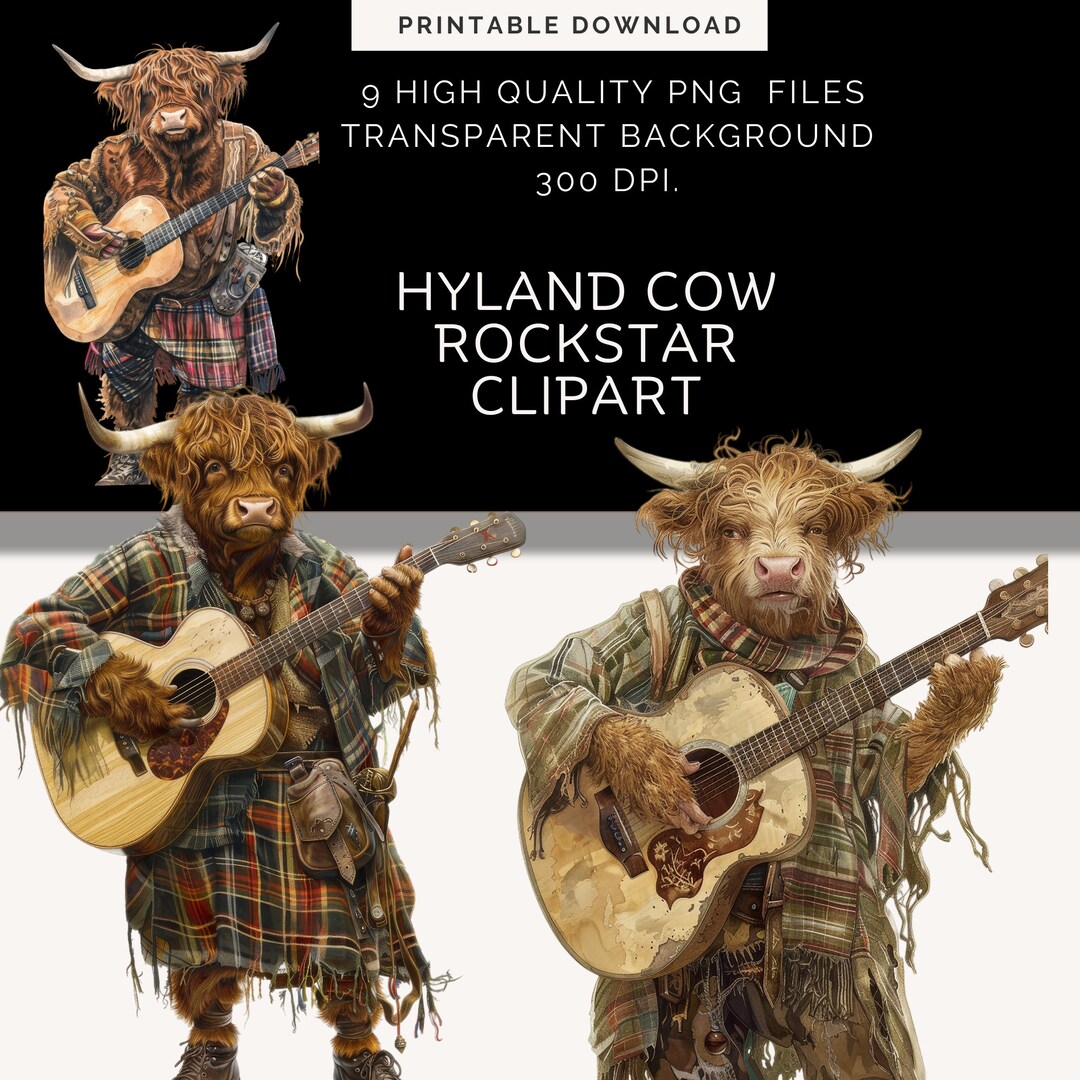 Highland Cow Rockstar Clipart | Highland Cow Png | Rockstar Watercolor ...