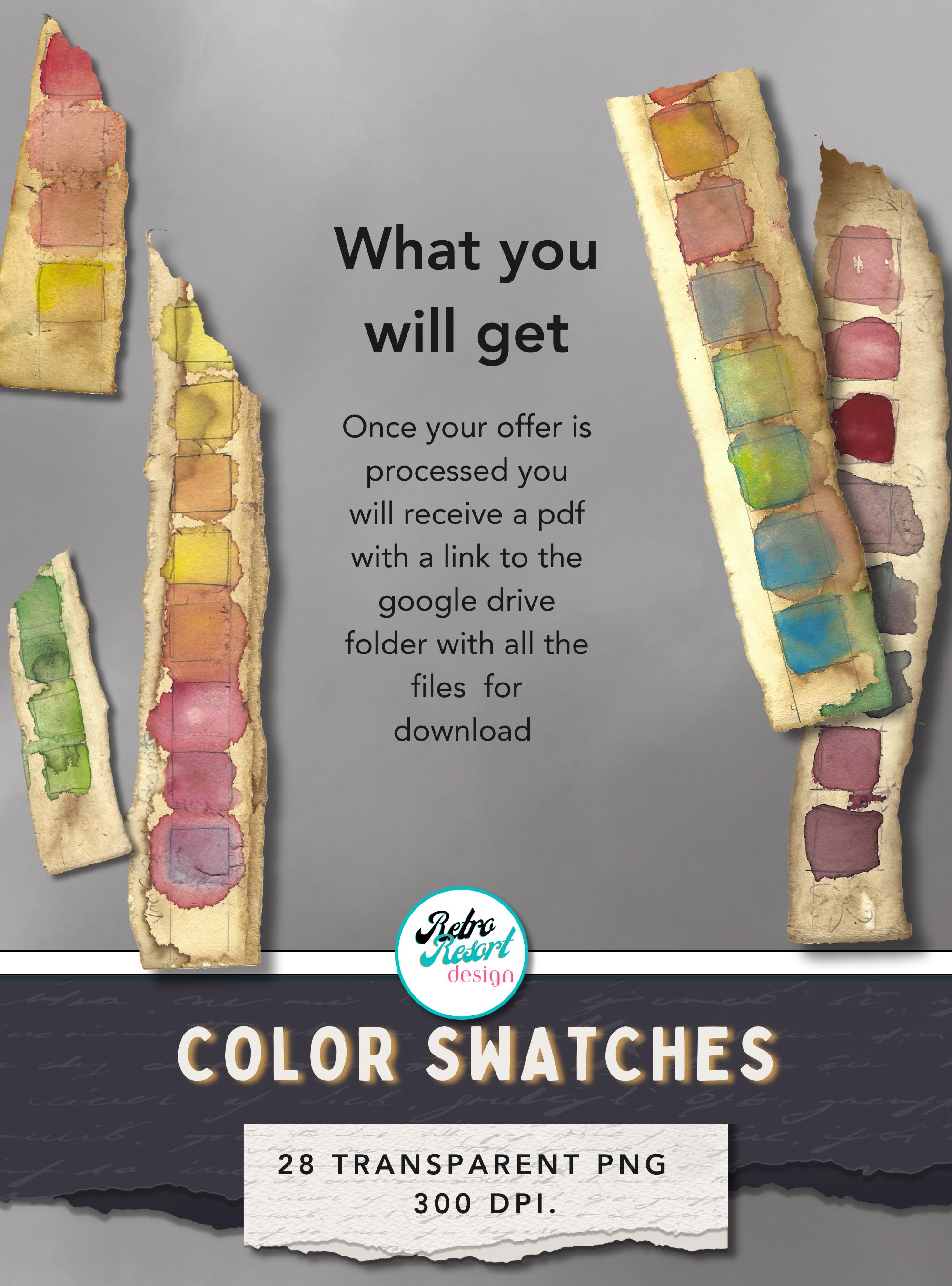 28 Handpainted Watercolor Swatches: Clipart, Printable Ephemera (PNG ...