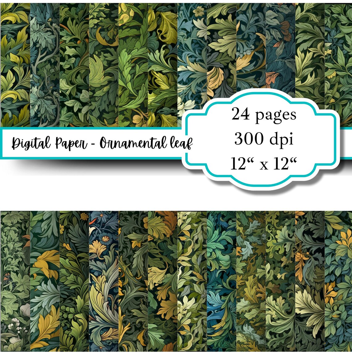 Vintage Green Scrapbook Paper, Retro Floral Ornamental Pattern, Junk ...