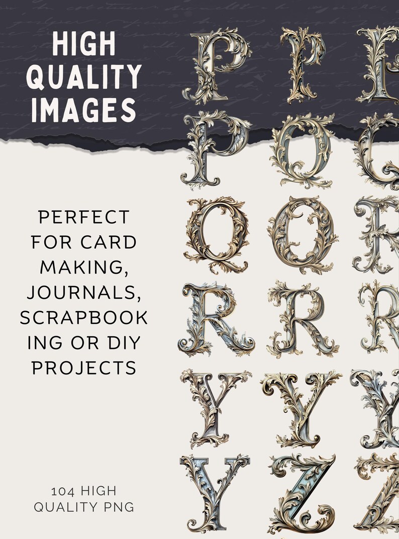 Baroque Letter Clipart: Vintage Monogram Font, Rococo Alphabet (PNG ...