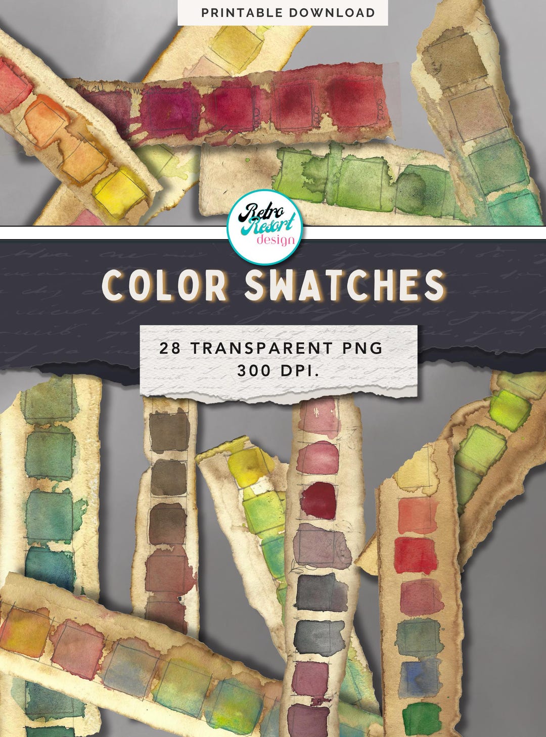 28 Handpainted Watercolor Swatches: Clipart, Printable Ephemera (PNG ...