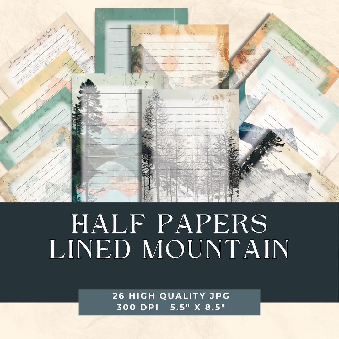 Half Paper Lined Journal Pages, Mountain Scene, Junk Journal Pages, Ephemeral Printable Sheet ...
