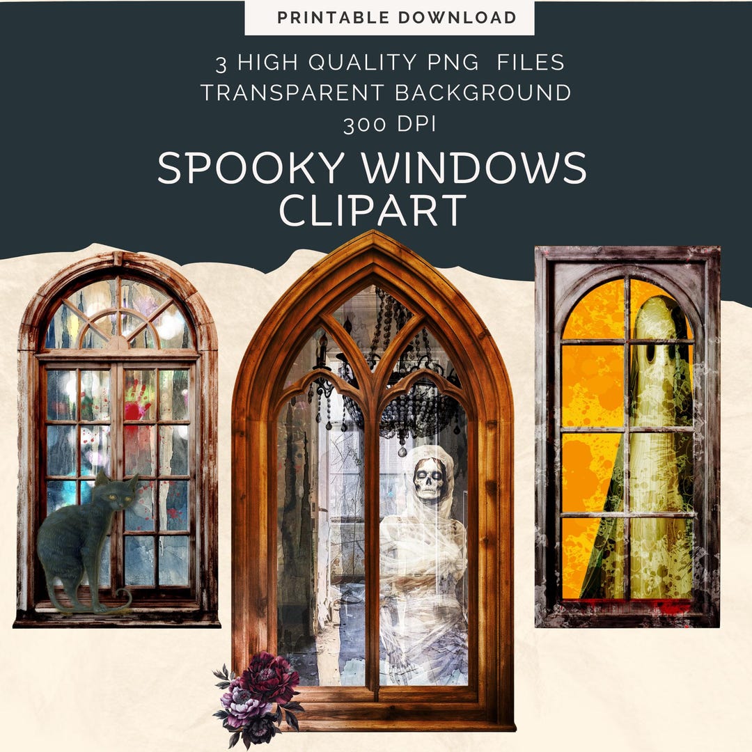 Spooky Halloween Clipart, Scary Window Scene, Ghosts in Windows ...