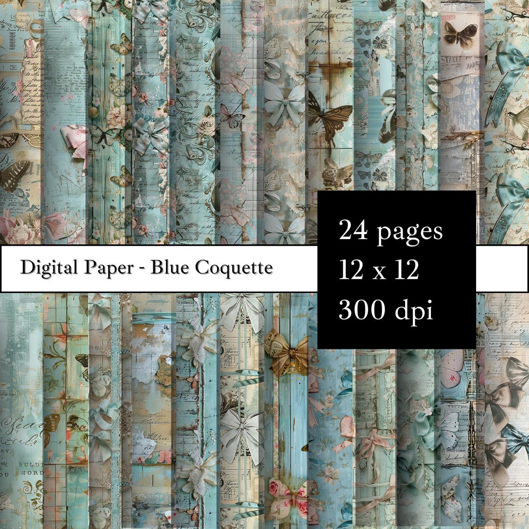 Coquette Blue Digital Paper Seamless Shabby Chic Printable Paper Junk ...