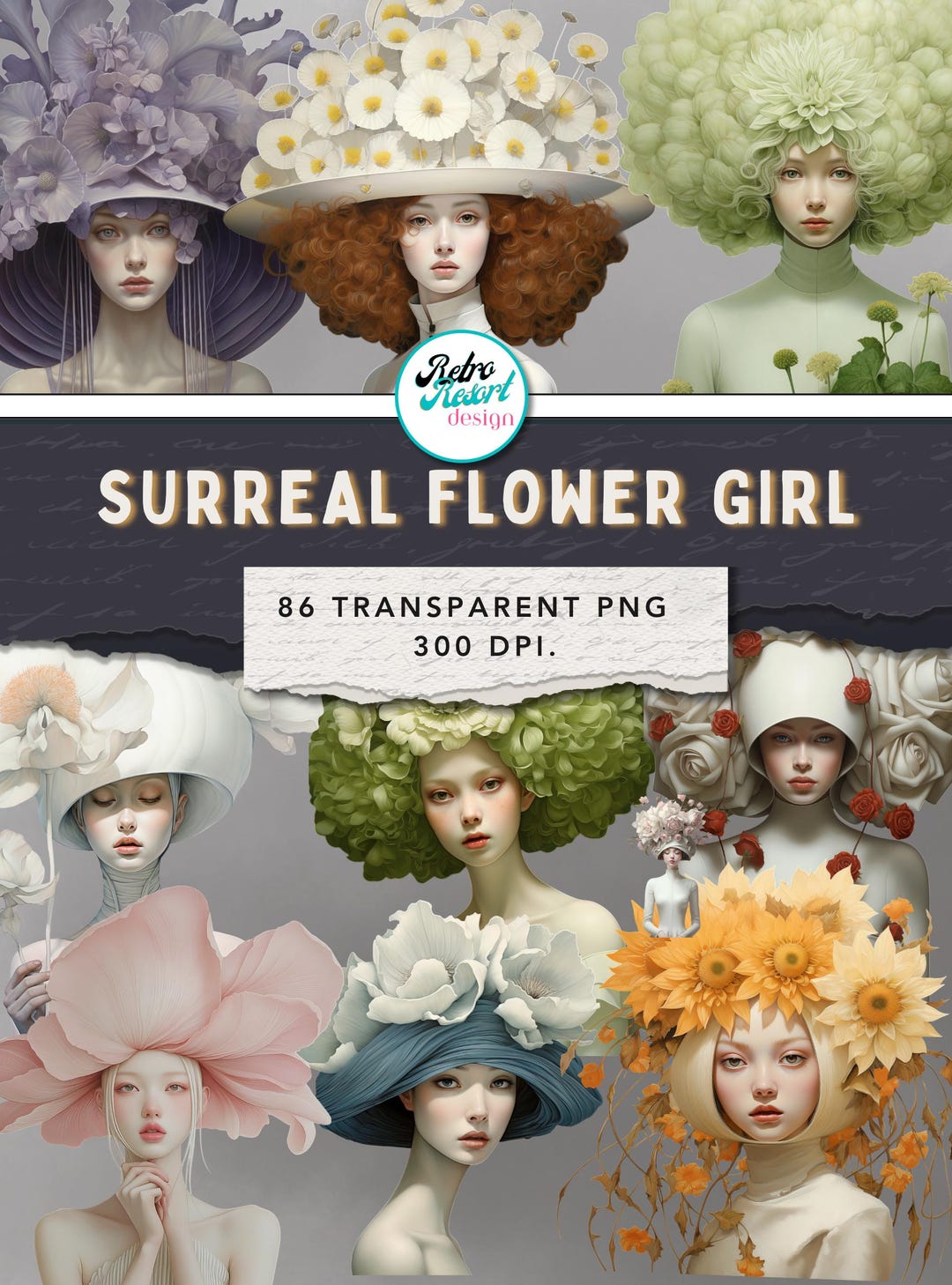 Surreal Flower Girl Clipart: 86 Floral Adorned Ladies' Faces,junk ...