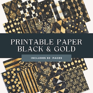 Elegant Black and Gold Paper | 50 Sheets | Mega Bundle | Damask Pattern ...
