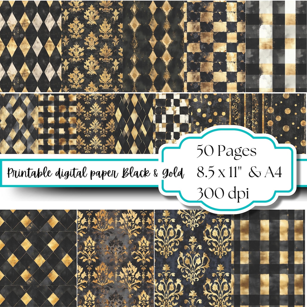 Elegant Black and Gold Paper | 50 Sheets | Mega Bundle | Damask Pattern ...