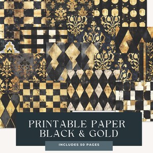 Elegant Black and Gold Paper | 50 Sheets | Mega Bundle | Damask Pattern ...