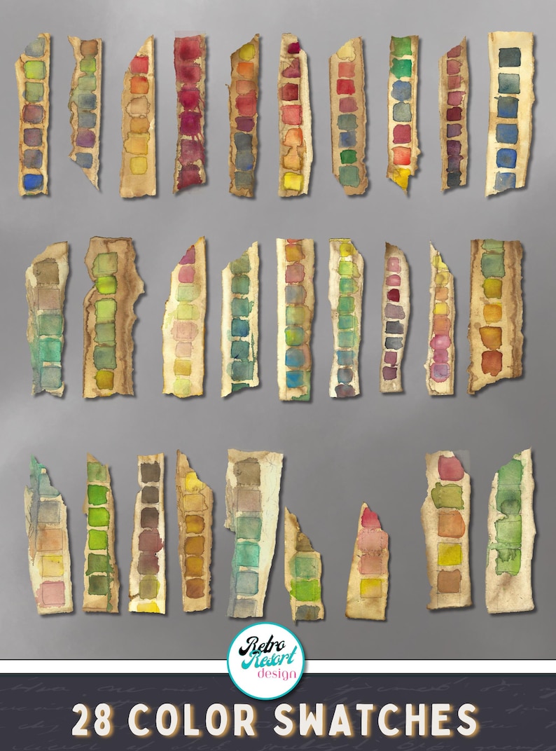 28 Handpainted Watercolor Swatches: Clipart, Printable Ephemera (PNG ...