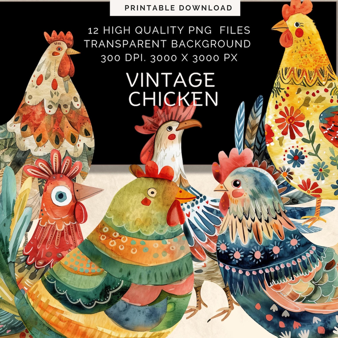 Vintage Chicken Clipart, Whimsical Spring Chicken Watercolor, Folksy ...