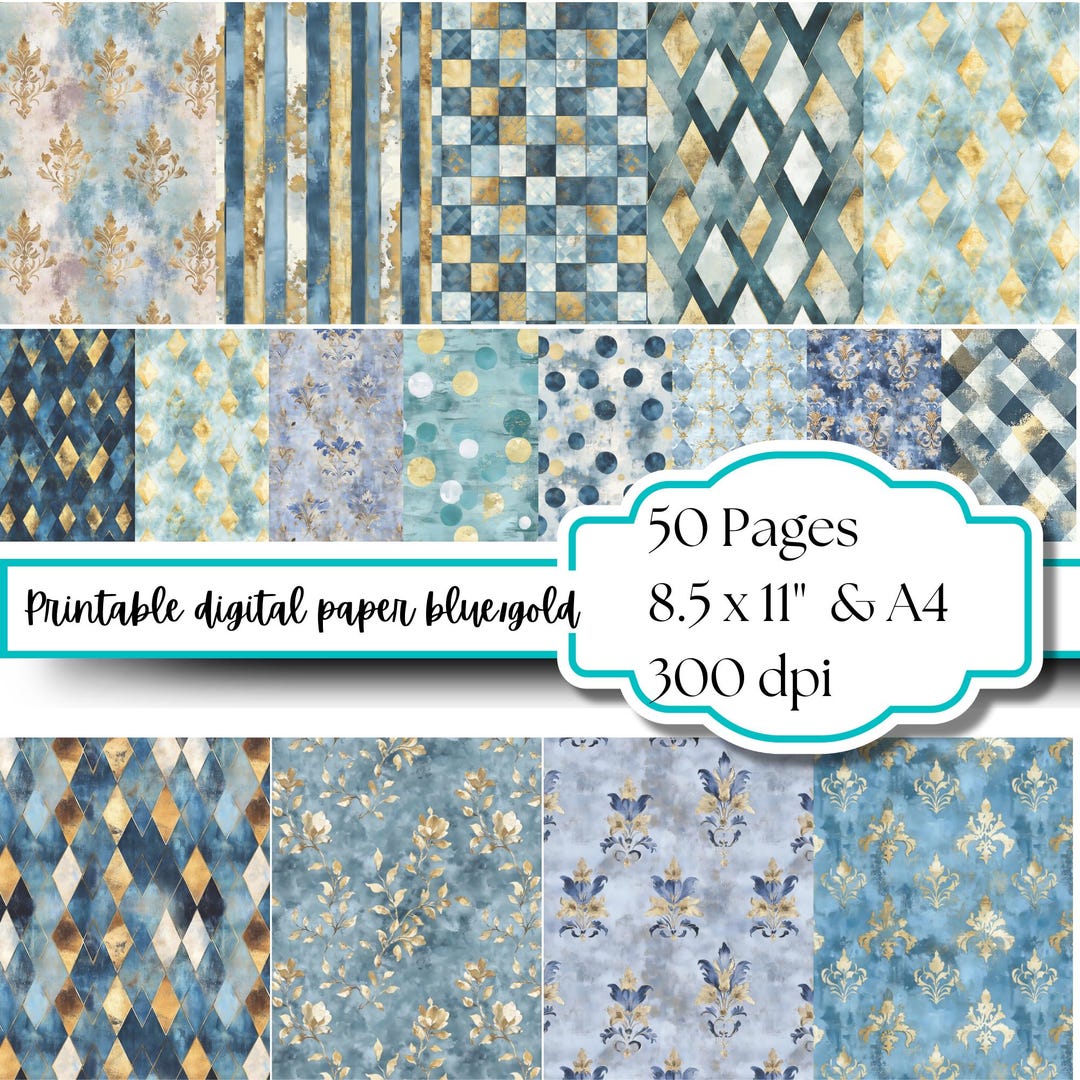Chic Blue Paper Pack | 50 Sheets | Damask, Stripes, Dots & Distressed ...