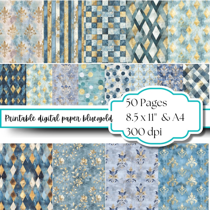Chic Blue Paper Pack | 50 Sheets | Damask, Stripes, Dots & Distressed ...