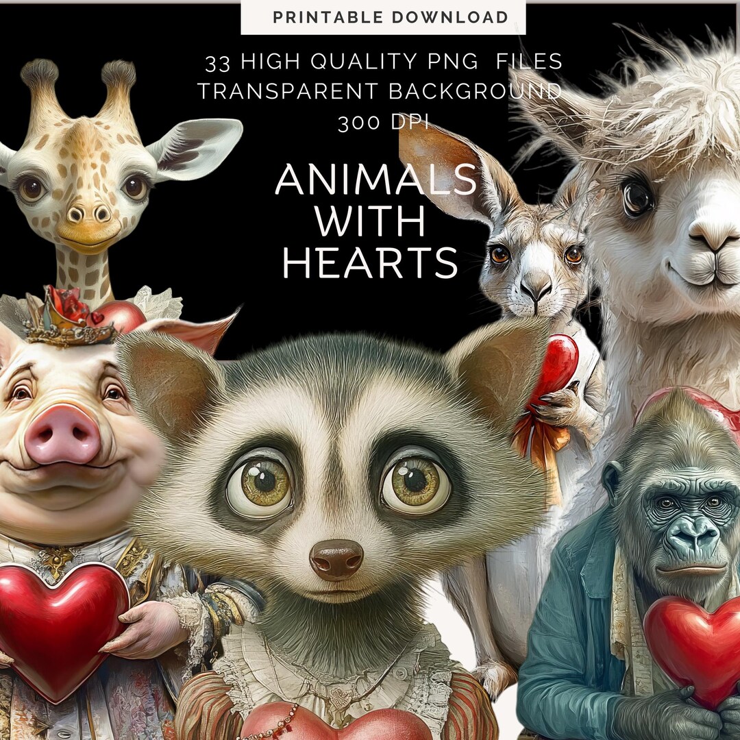 Valentine Animals Clipart | Valentines Day PNG | Sweet Animal Faces ...