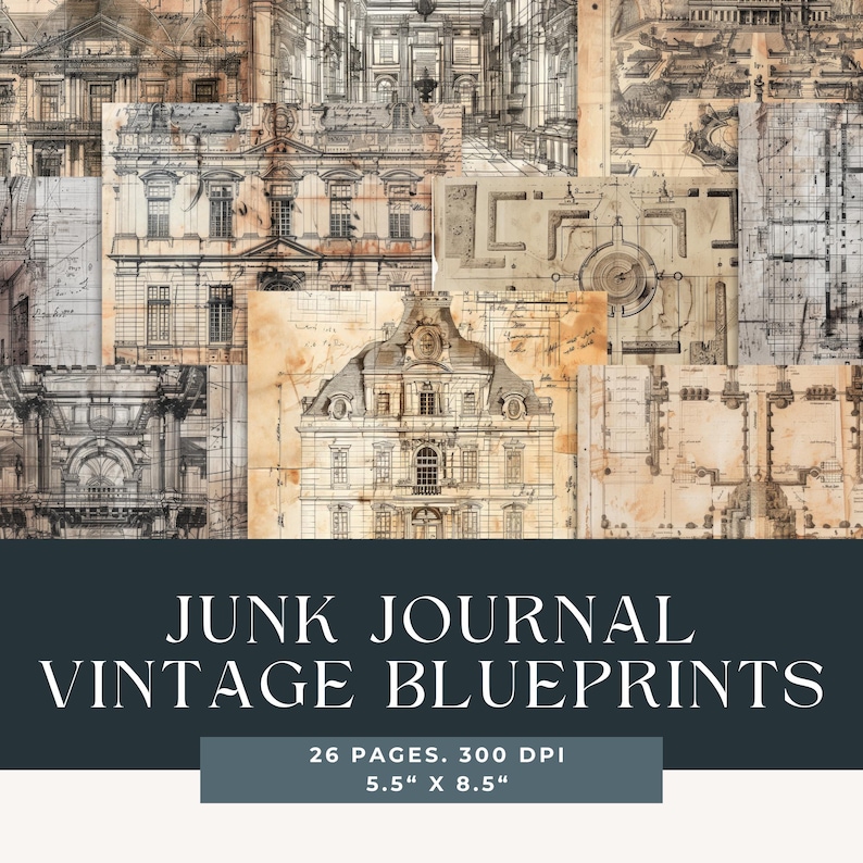 Vintage Blueprint Junk Journal Pages, Printable Ephemera (digital ...